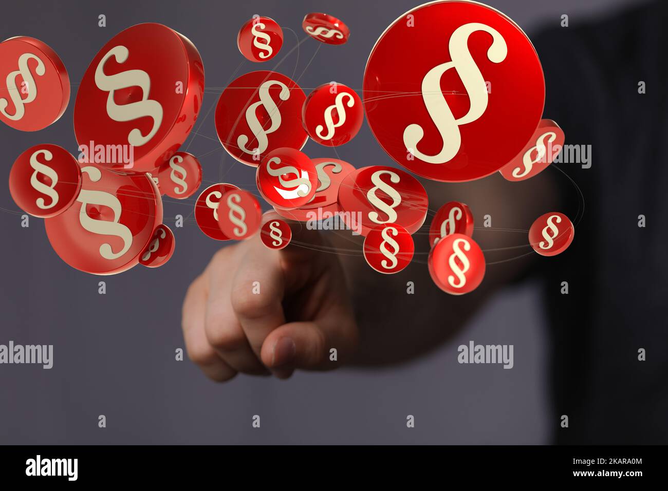 The hand pointing at the hovering 3d section signs connected with lines ...