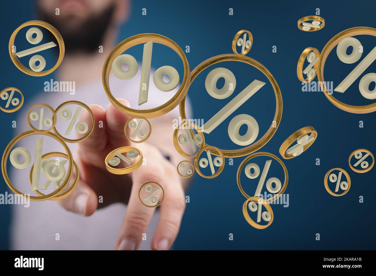 The hand pointing at golden 3d percentage signs Stock Photo - Alamy