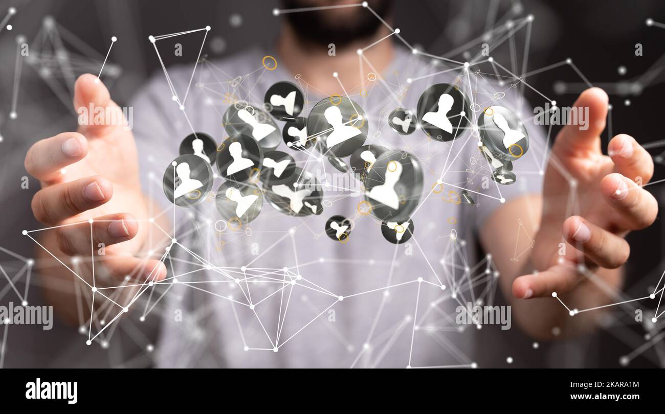 The man's hands holding floating profile icons Stock Photo - Alamy