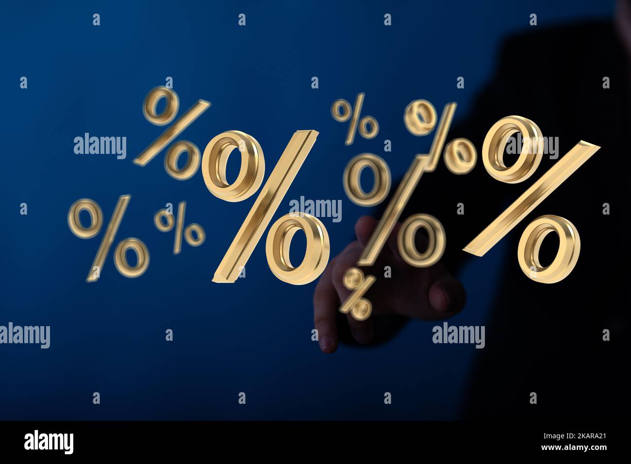 The hand pointing at golden 3d percentage signs Stock Photo - Alamy