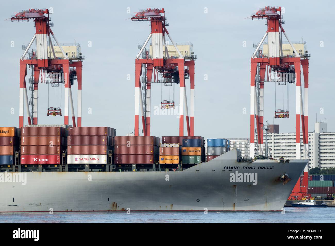 A container ship arrives at a port in Tokyo, September 19, 2017. The ...