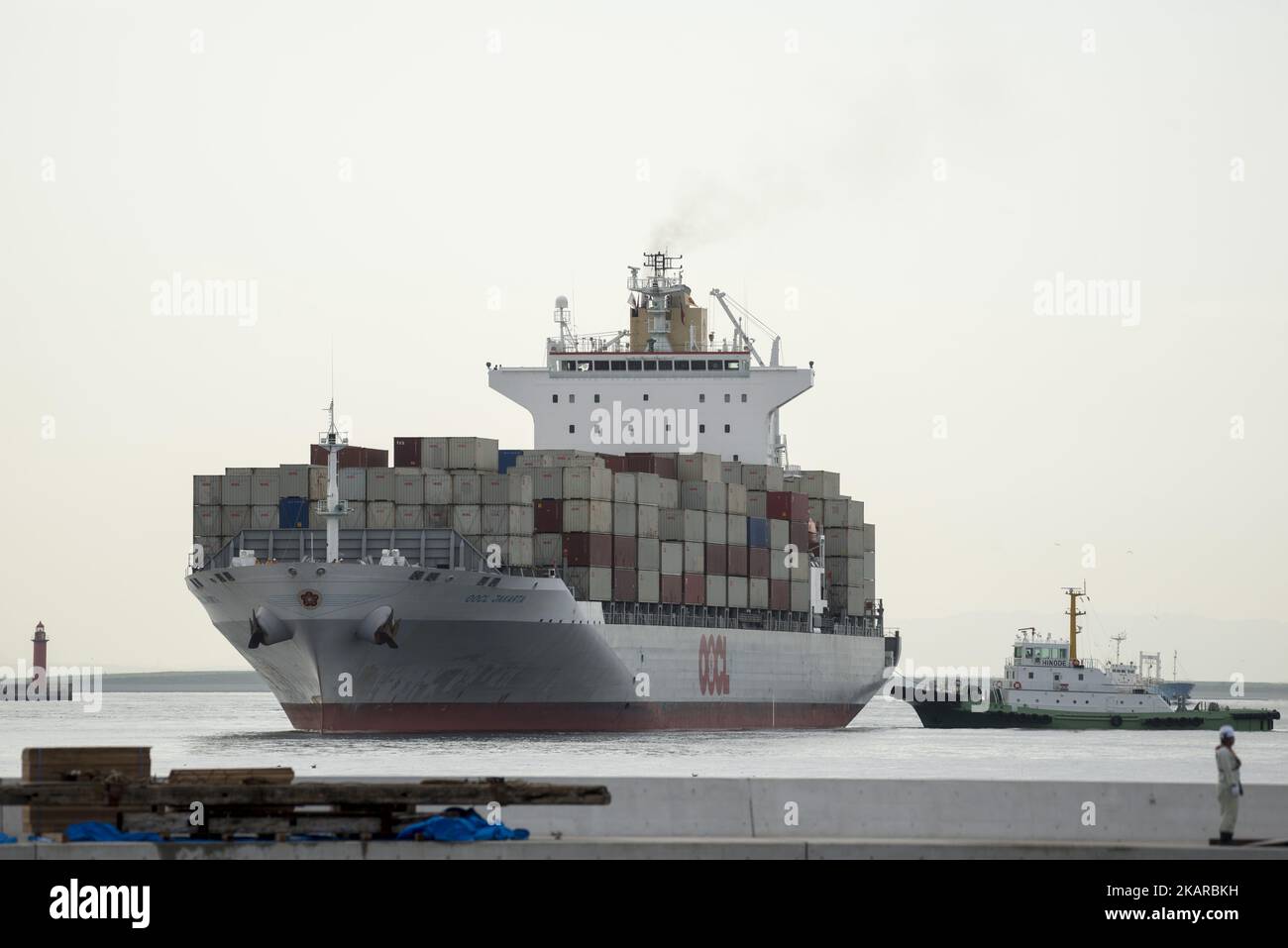A container ship arrives at a port in Tokyo, September 19, 2017. The ...