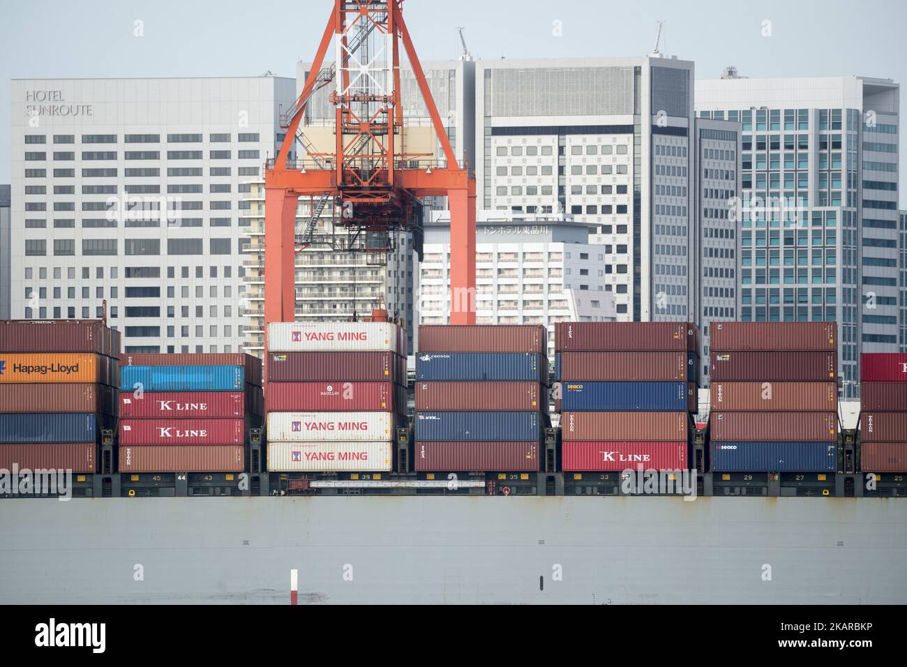 A container ship arrives at a port in Tokyo, September 19, 2017. The ...
