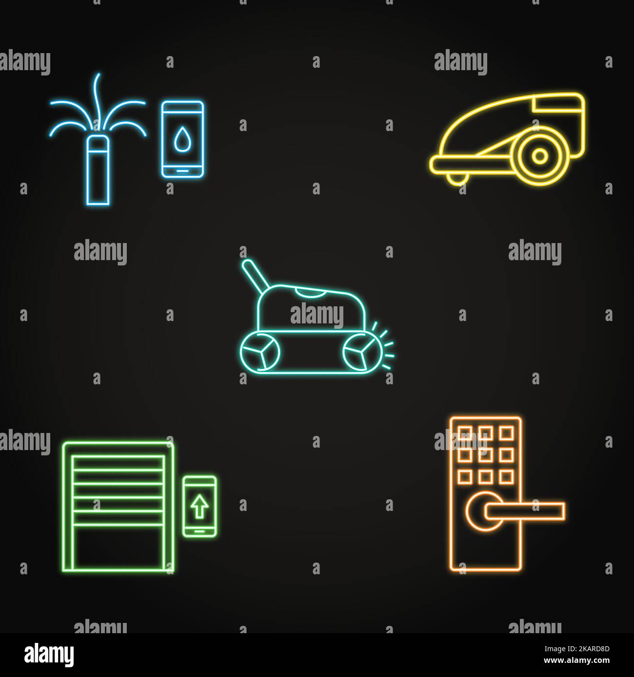 Neon house and garden automation icon set. Remote controlled garage ...