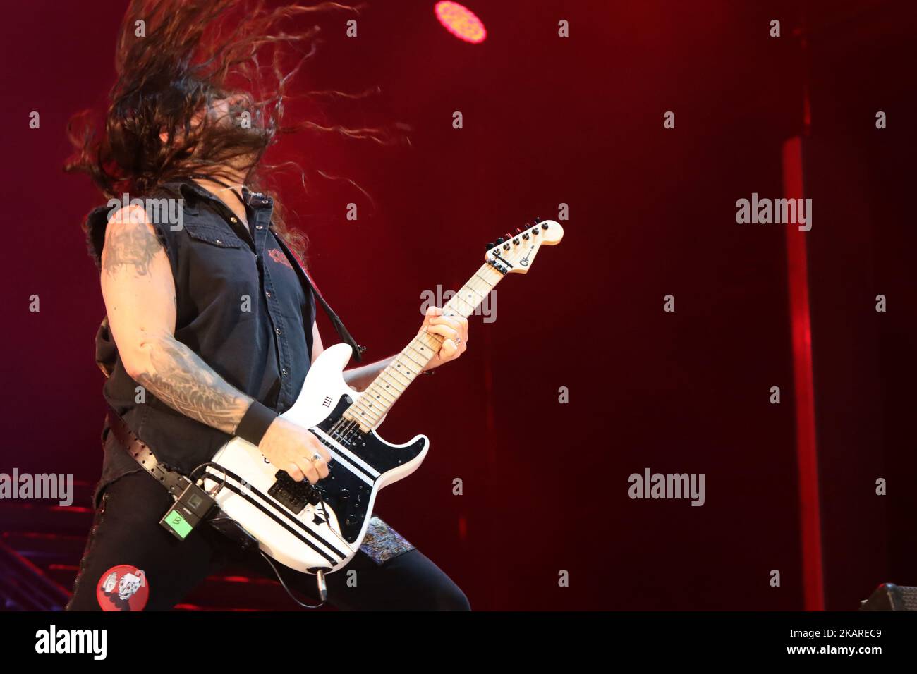 Andreas Kisser, guitarist of the Brazilian group Sepultura, gestures ...