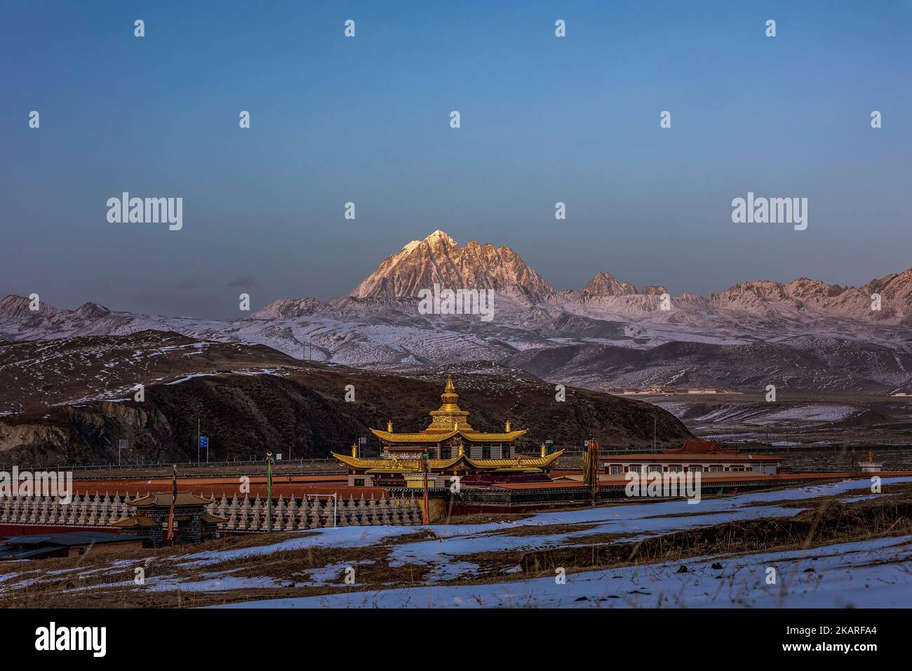 A beautiful shot of the Tagong temple and Yala snowy mountain in ...