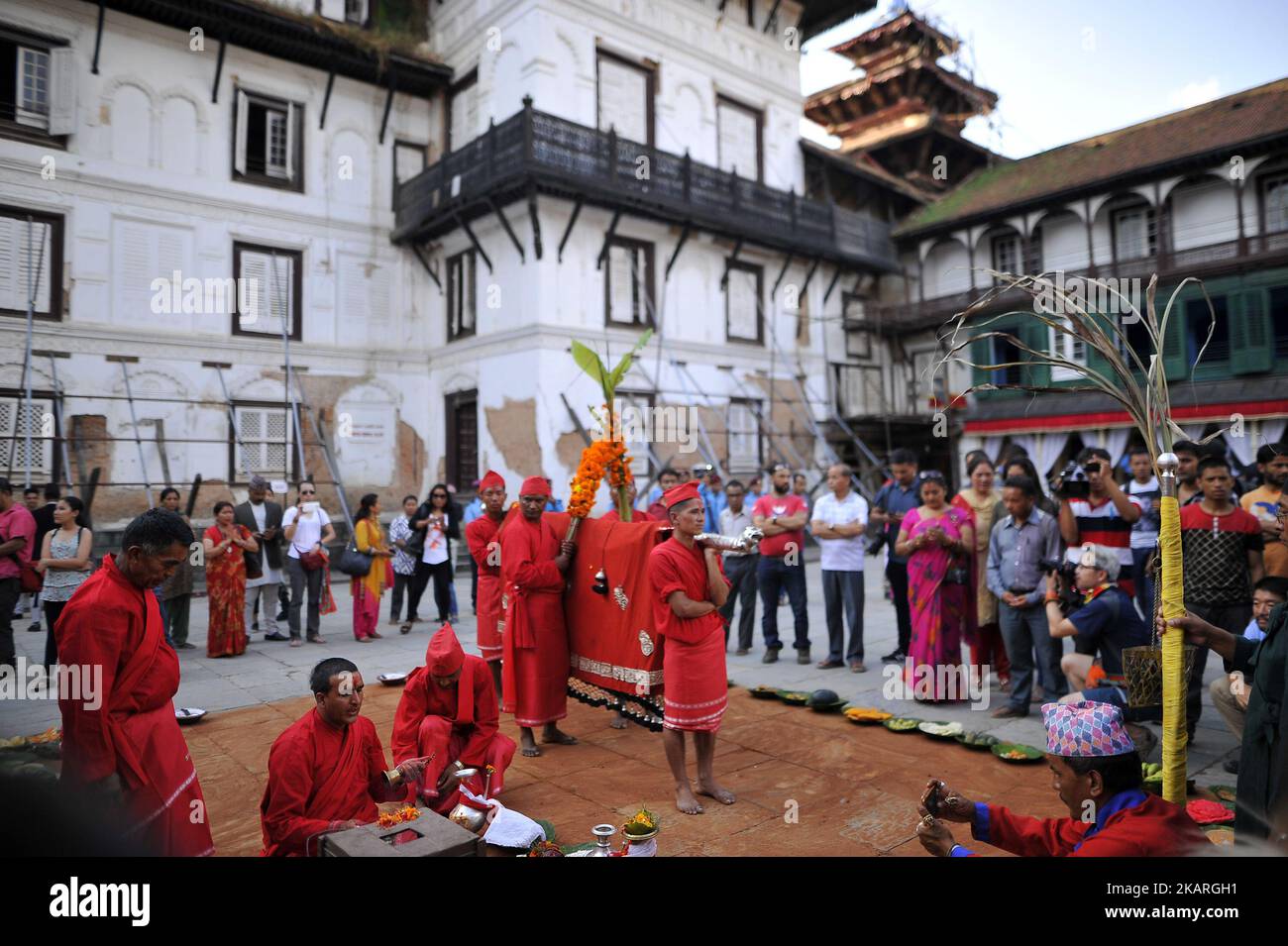 Nepalese priest performs traditional rituals over the Fulpati, which ...