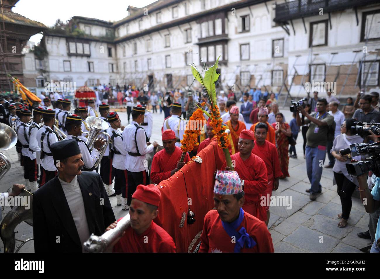 Nepalese priests carrying Fulpati during the seventh day of Dashain ...