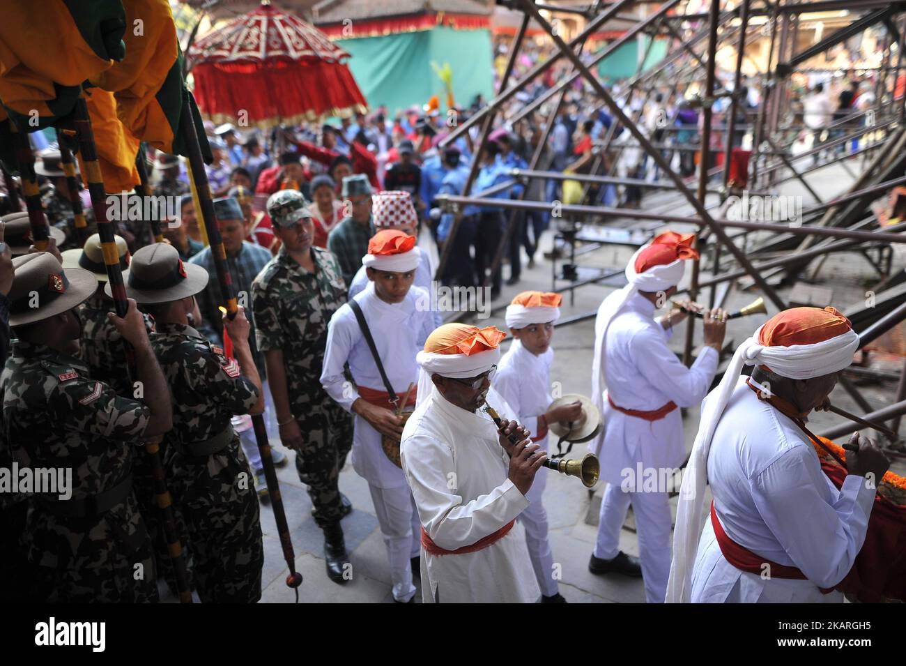 Nepalese Devotees playing traditional 'Panchay Baja' on Fulpati, which ...