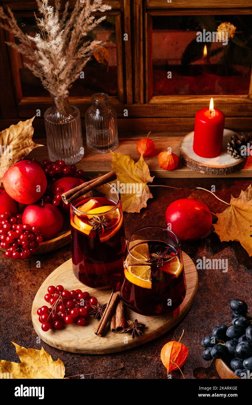 mulled wine on the background of a window with an autumn entoura Stock ...