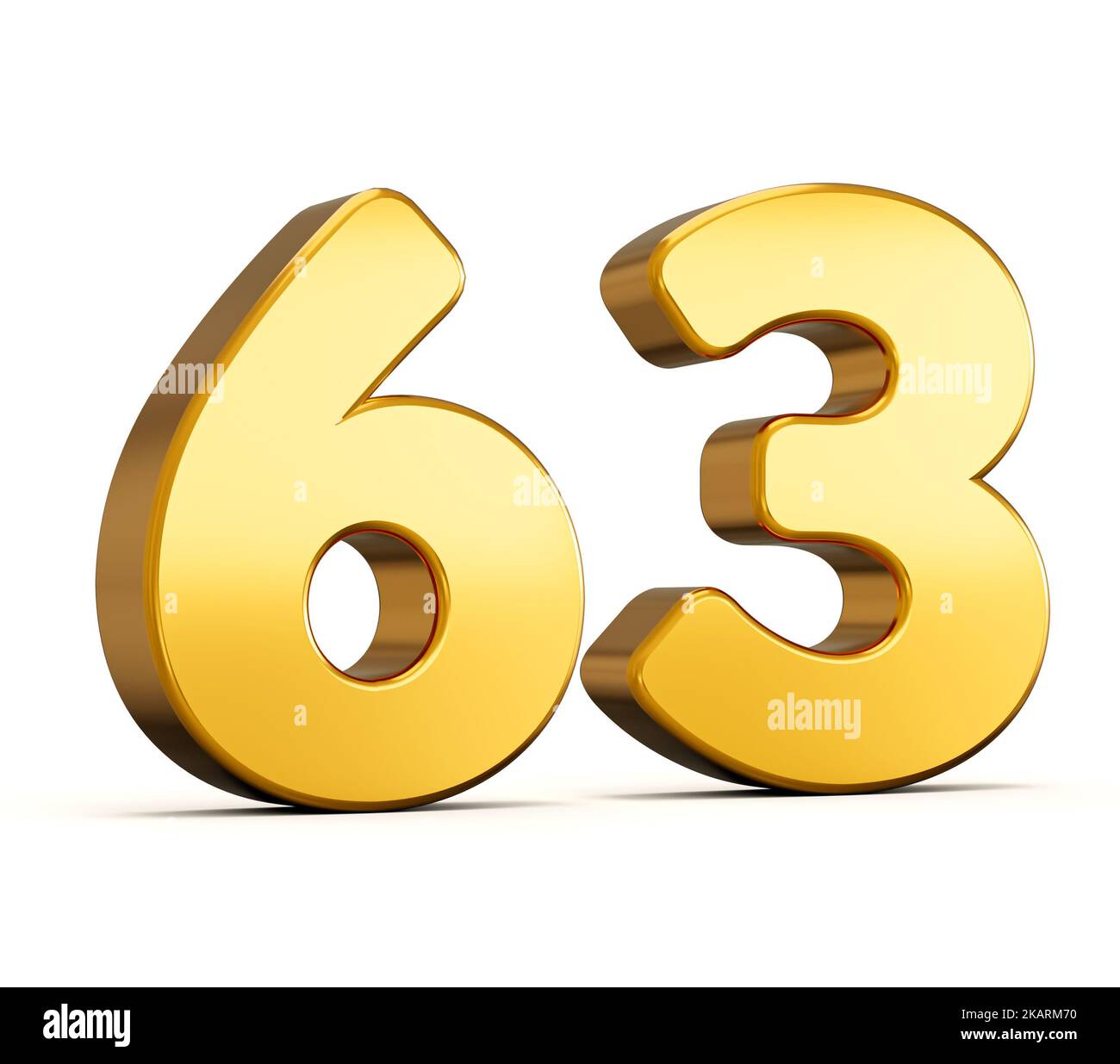 3d illustration of golden number sixty three or 63 isolated on white background with shadow ...