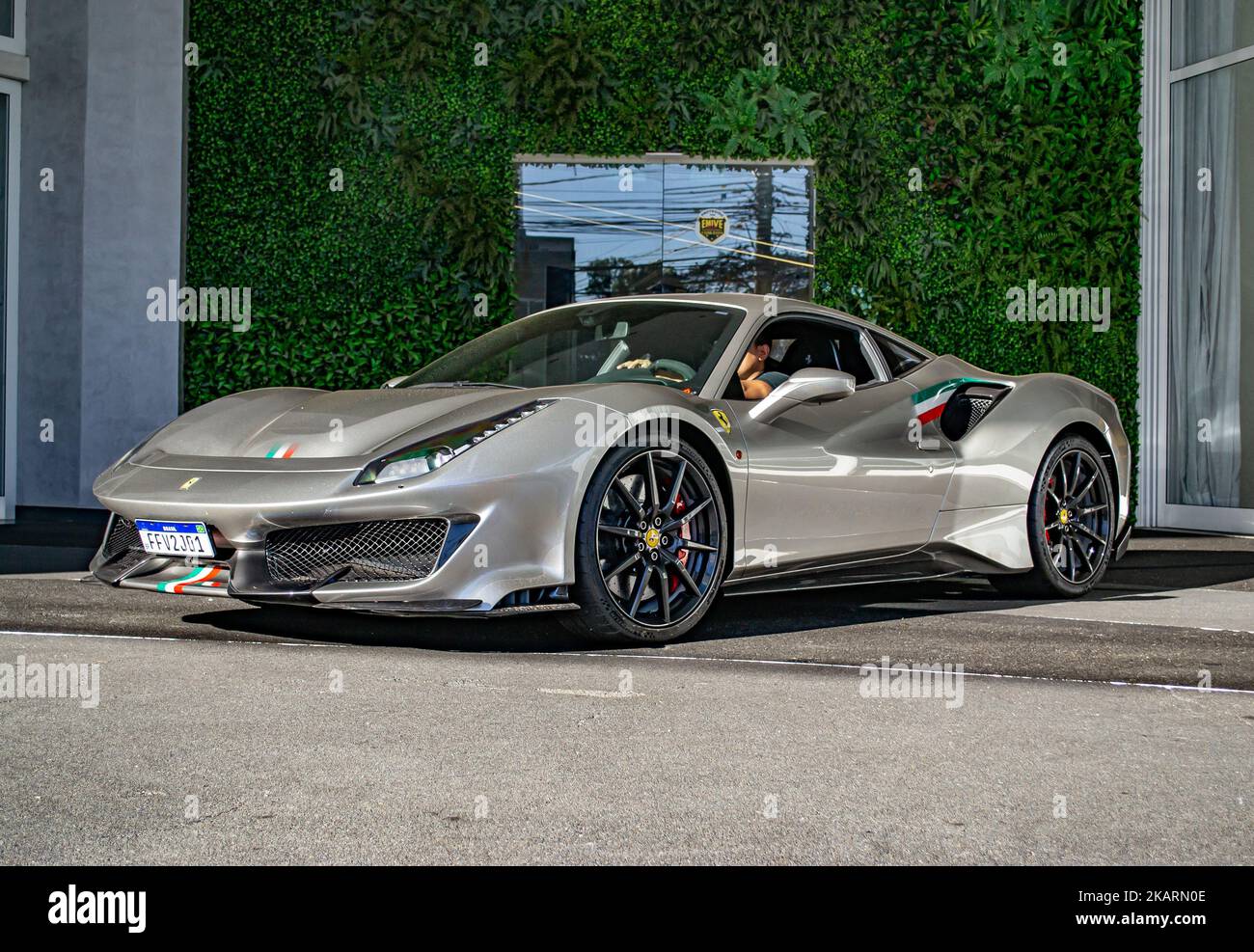 A brand new and luxurious silver Ferrari 488 Pista car outdoors Stock ...