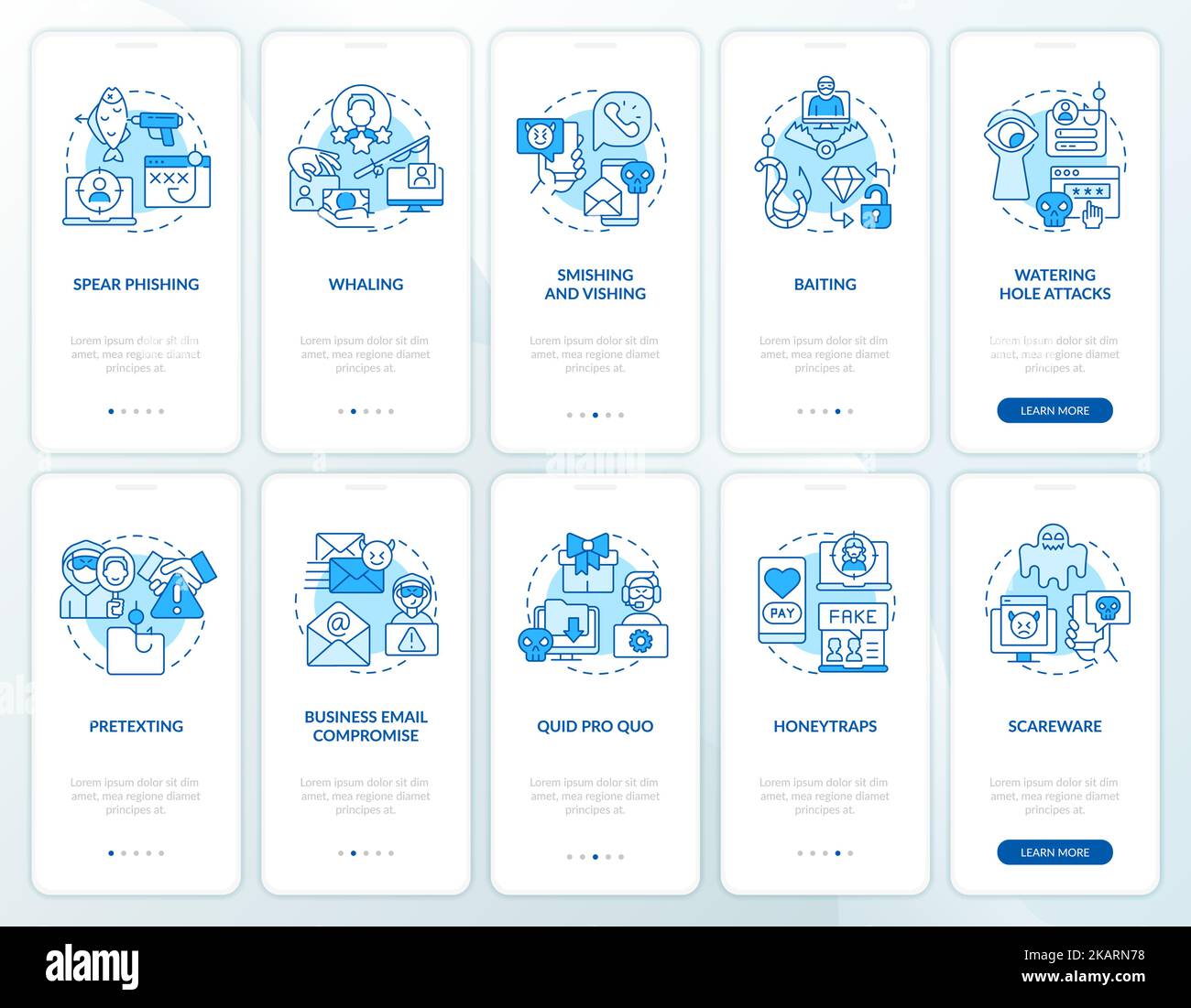 Types of social engineering blue onboarding mobile app screen set Stock ...