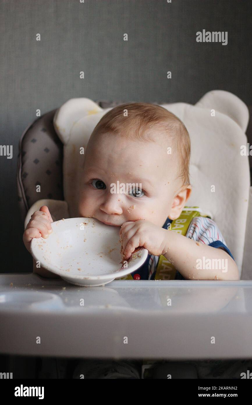 Little boy biting plate in feeding chair Stock Photo - Alamy