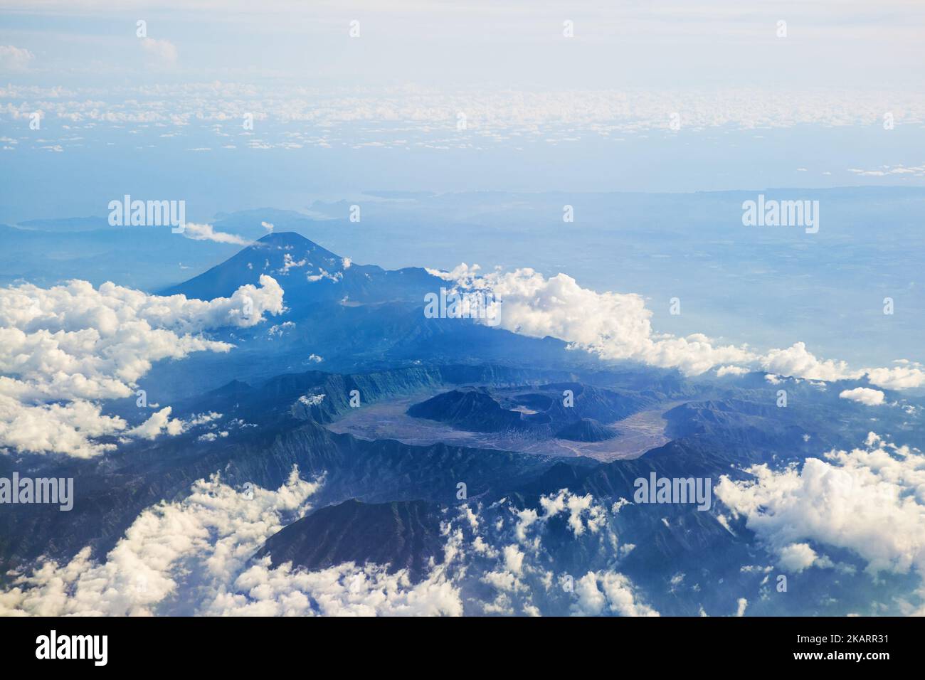 Aerial photo of active volcano Bromo and Semeru in Bromo Tengger Semeru ...