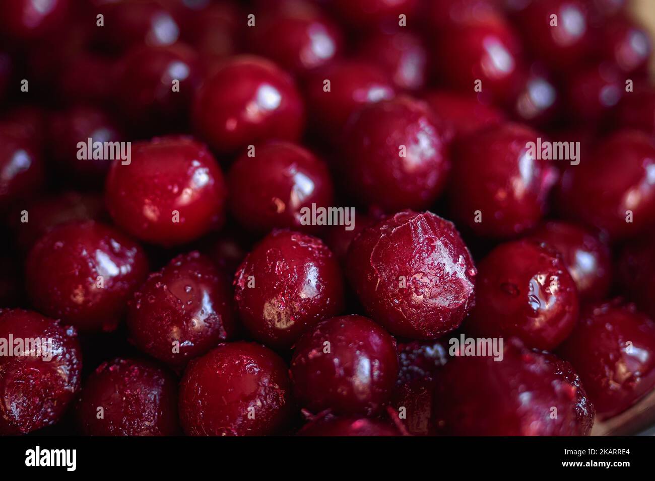 Frozen red cherry. Juicy ripe berry. View from top. Background full ...