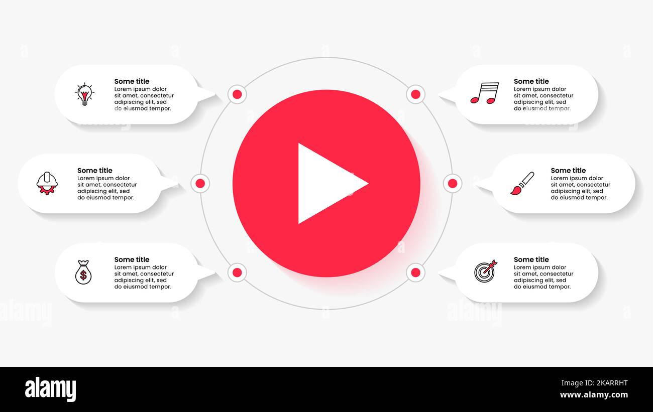 Infographic template with icons and 6 options or steps. Play button ...