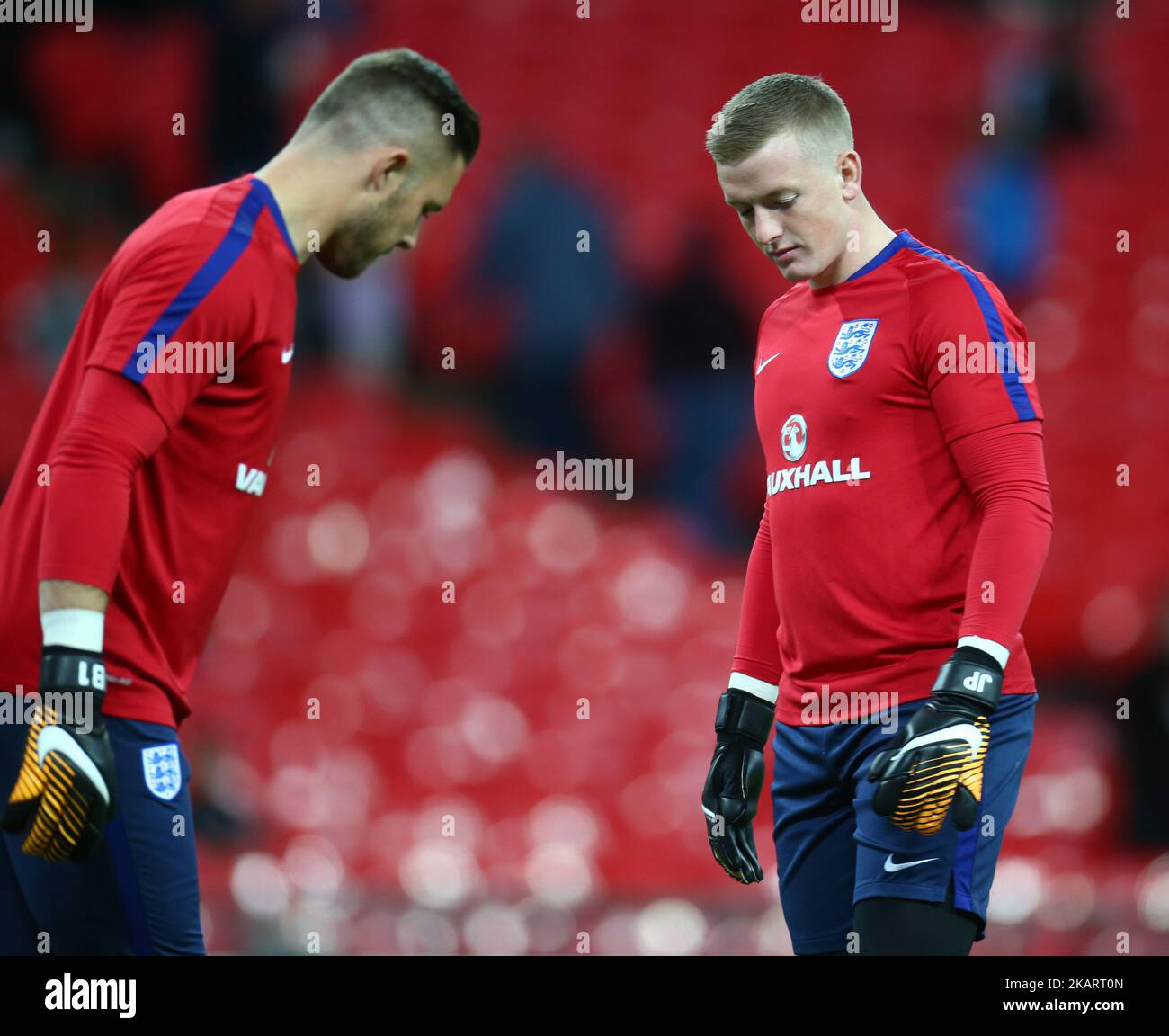 England's players Jack Butland and Jordan Pickford during warm up ...