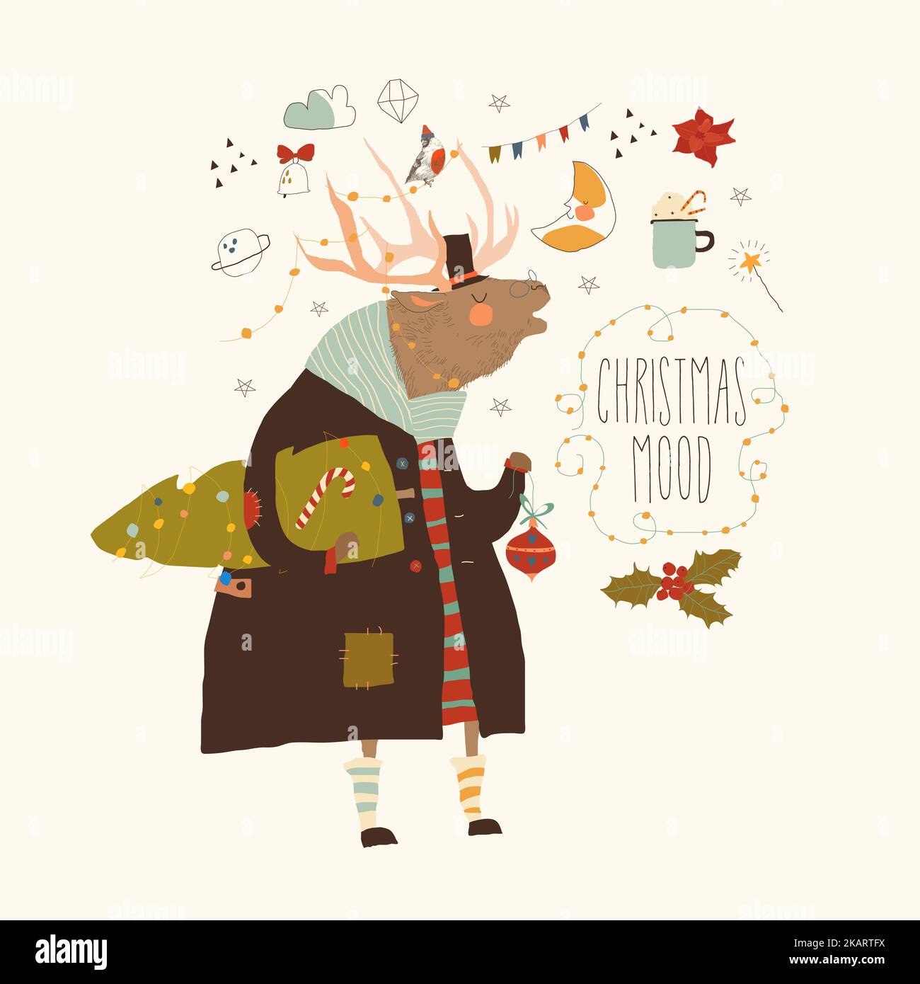 Christmas Card with Funny Reindeer wearing Coat Stock Vector Image ...