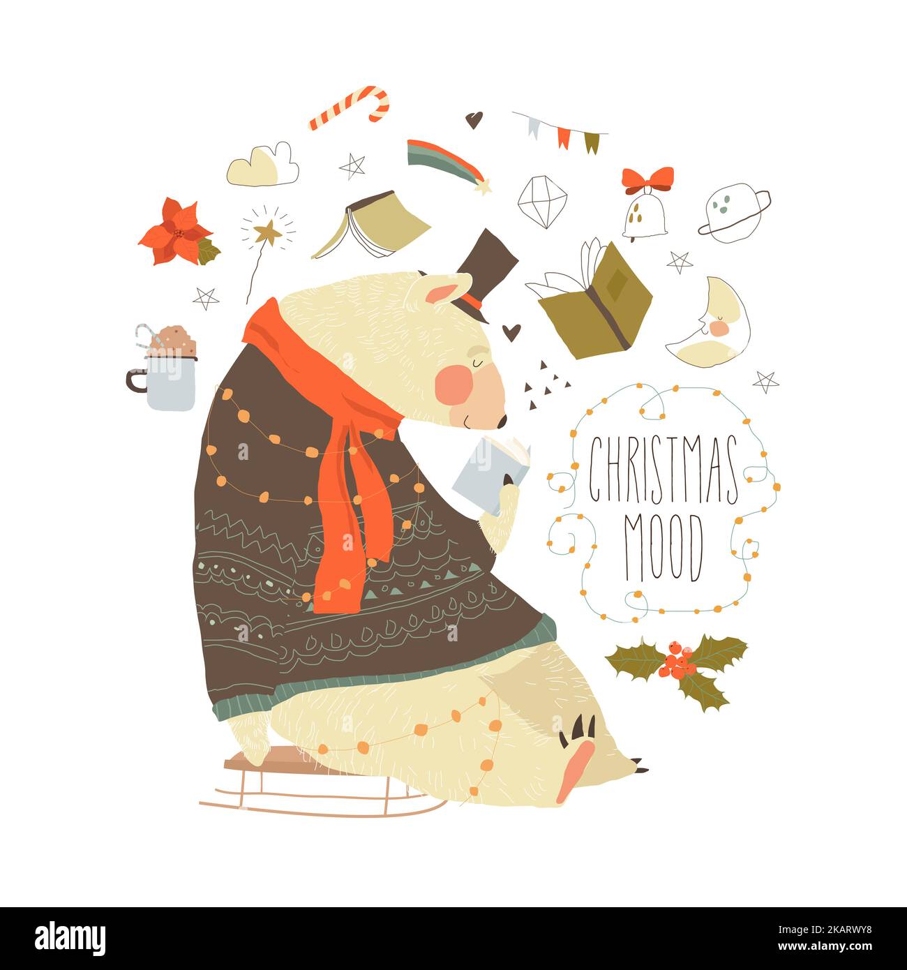 Merry Christmas greeting card. Cute Polar Bear wearing Sweater reading ...