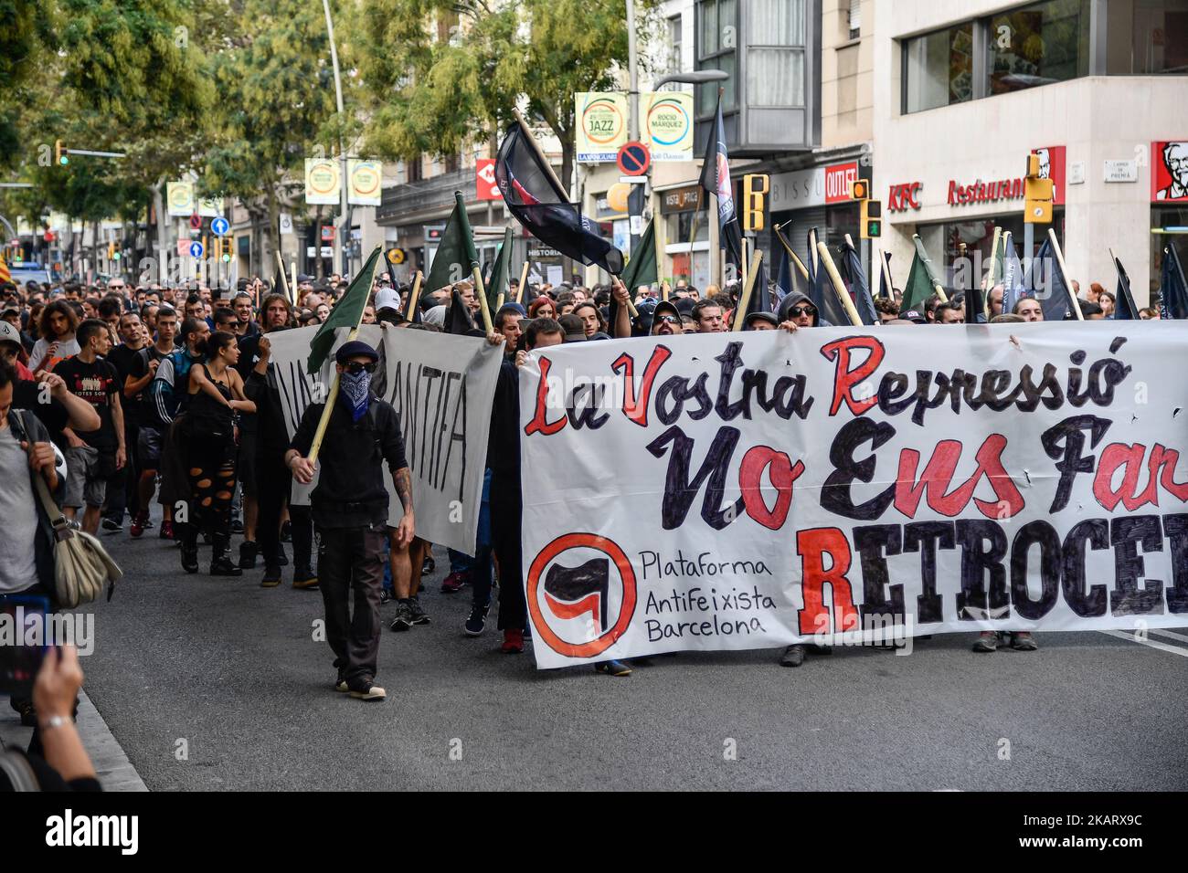 Anti-fascists group marched in Barcelona, Spain on October 12, 2017 to ...