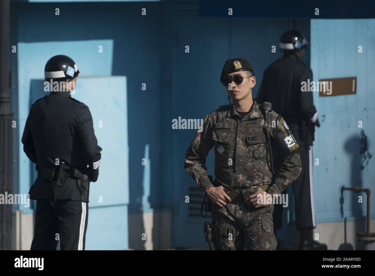 South Korean soldiers stand guard in the border village of Panmunjom ...