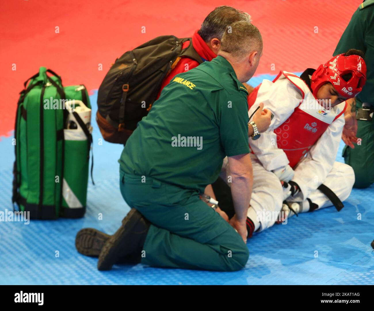 Rajae Akermach of Morocco picks up a injury in the K44 F +58KG Final ...