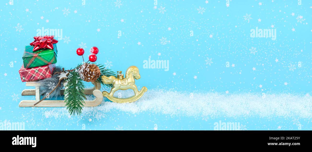 Blue background baner with sled and horse with Christmas and New Year ...