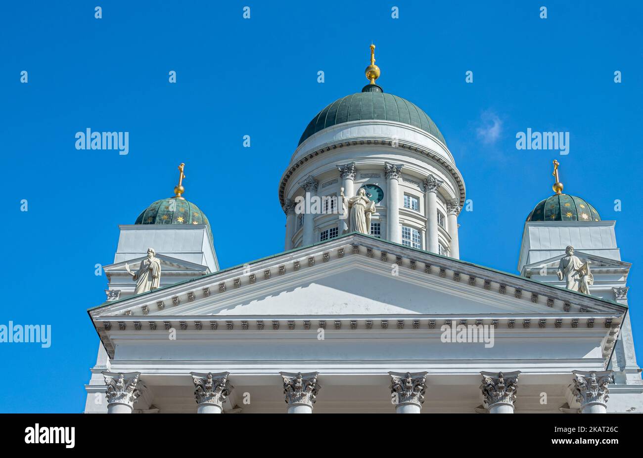 Helsinki, Finland - July 19, 2022: Pediment of white Cathedral with 3 ...