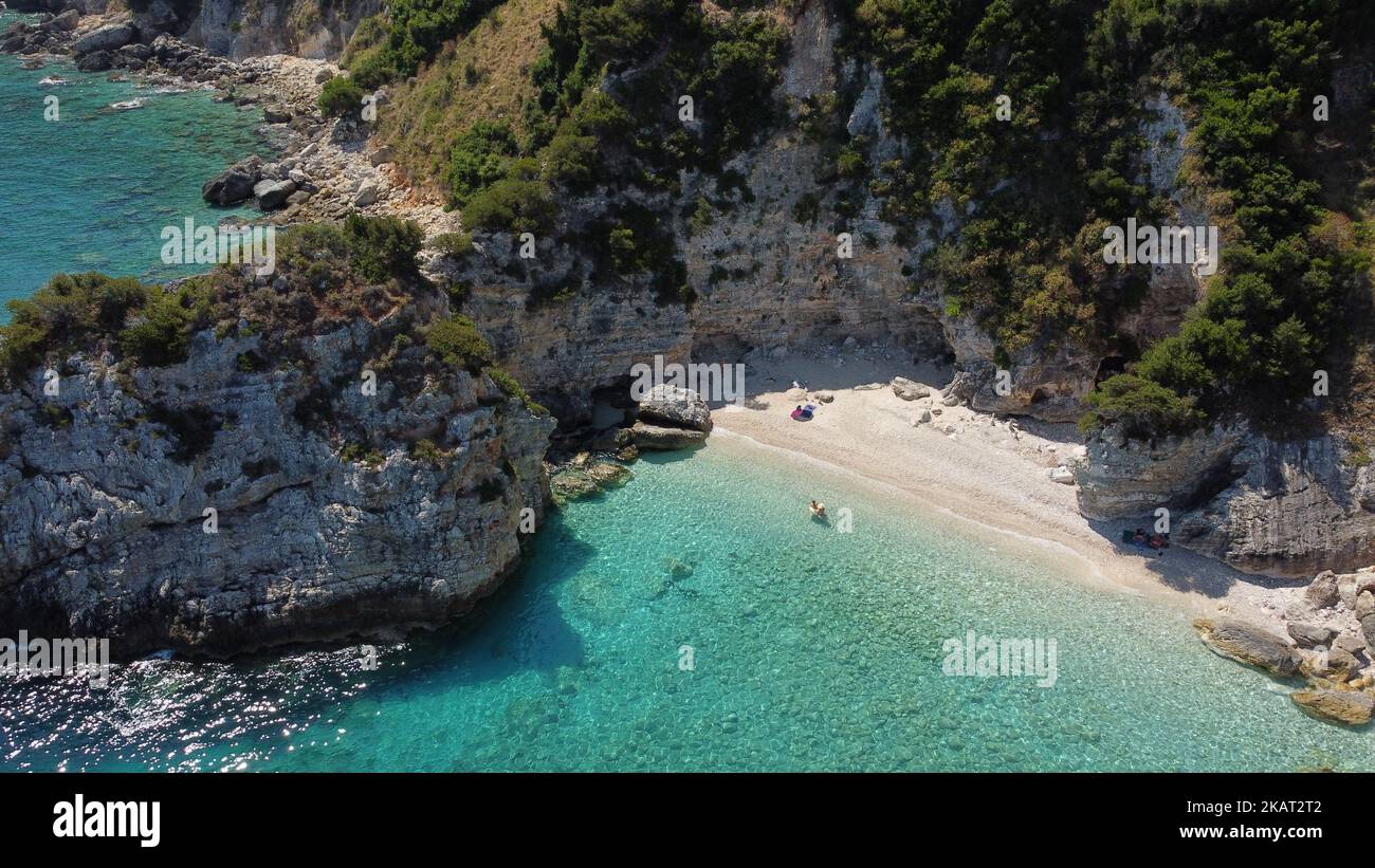 An Aerial view of the Agia Eleni remote rocky beach in Kefalonia Island ...