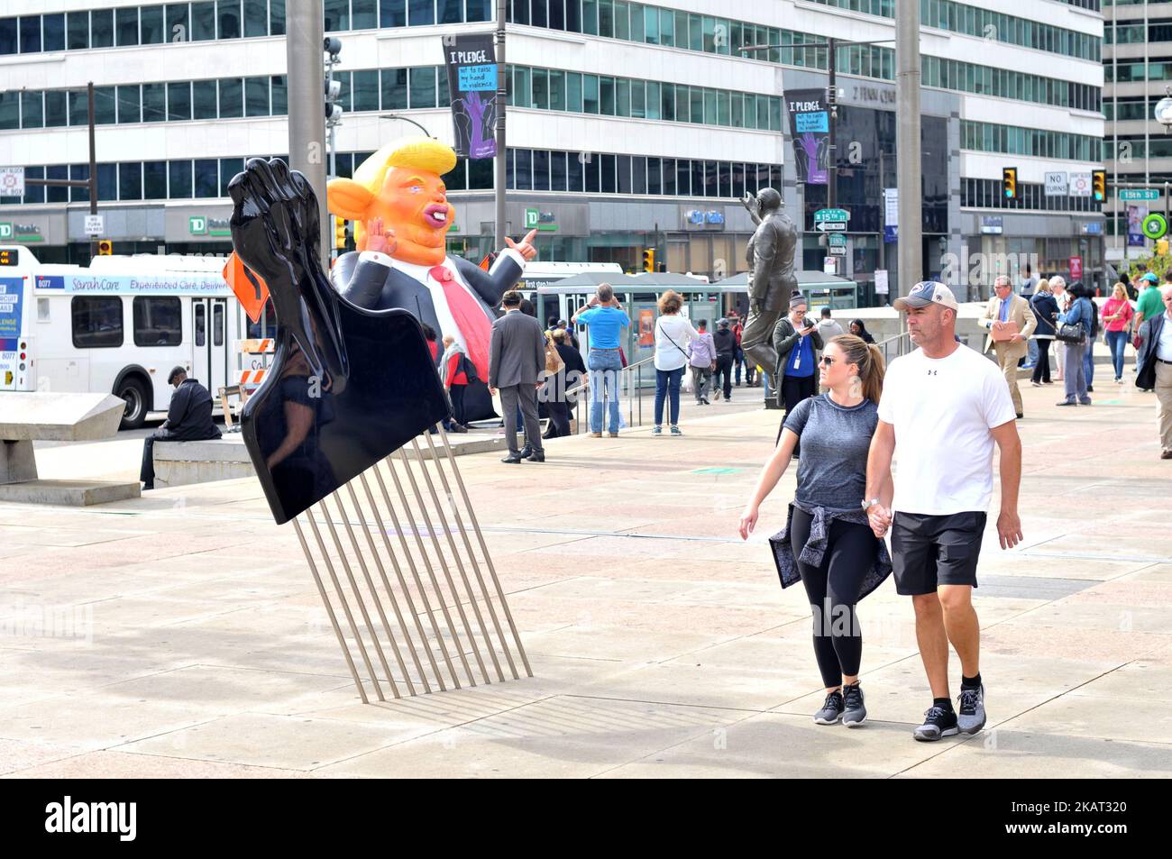 A pop-up inflatable 'Trump Rat' is erected facing the Frank Rizzo ...