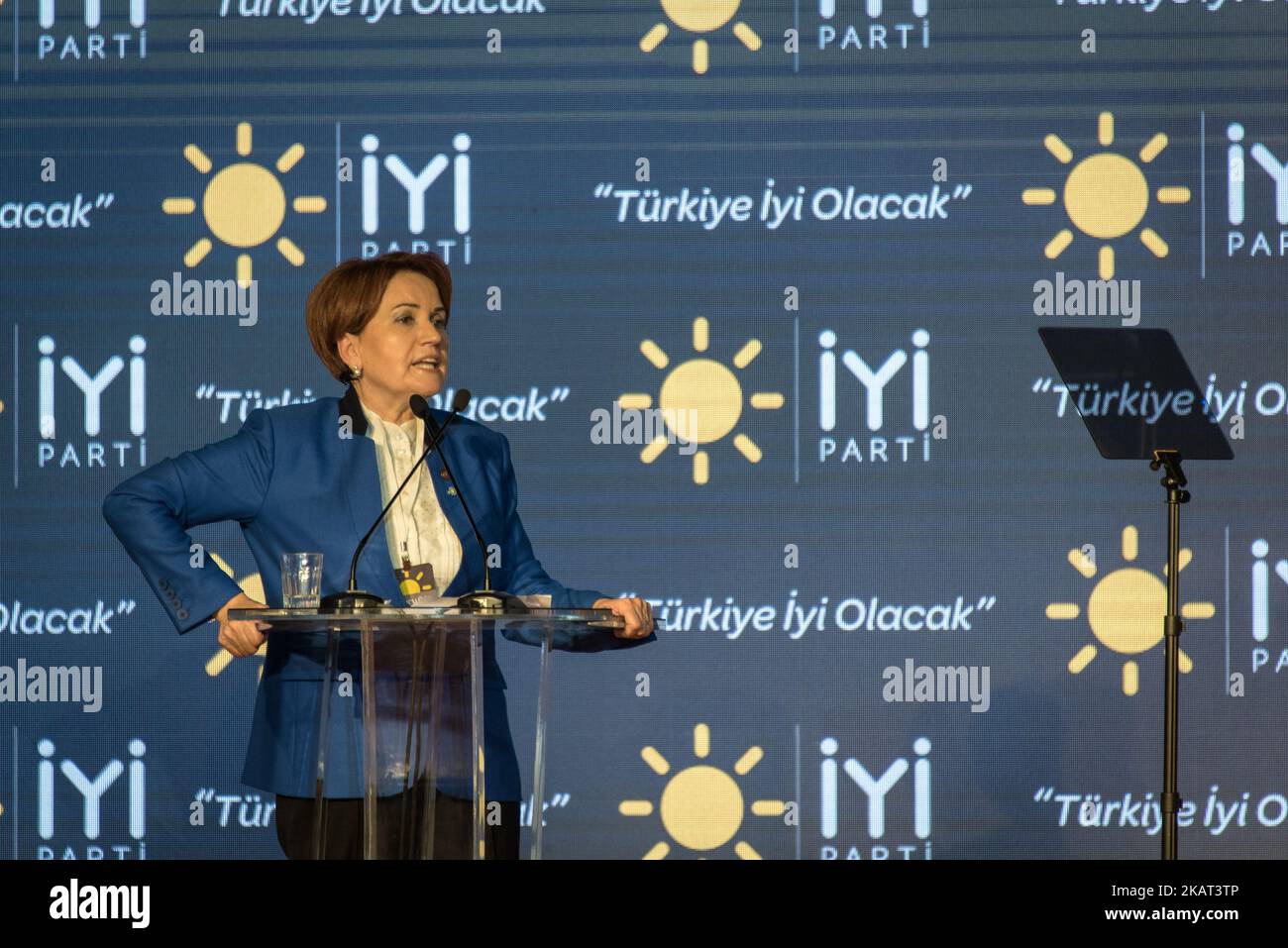 Meral Ak?ener, a former MHP deputy, gives a speech during the launch of ...