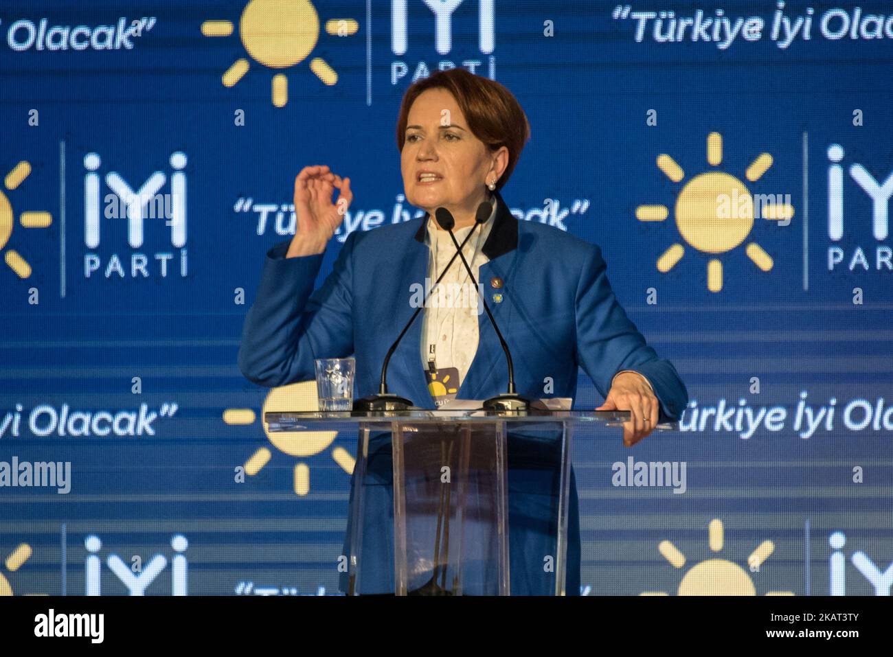 Meral Ak?ener, a former MHP deputy, gives a speech during the launch of ...