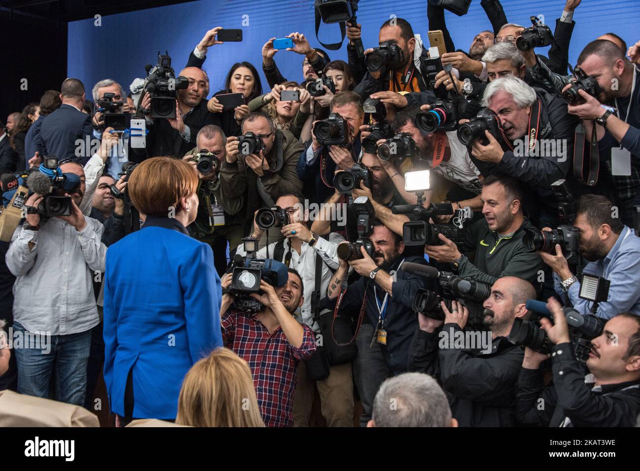 Meral Ak?ener, a former MHP deputy, stands in front of cameras on 25 ...