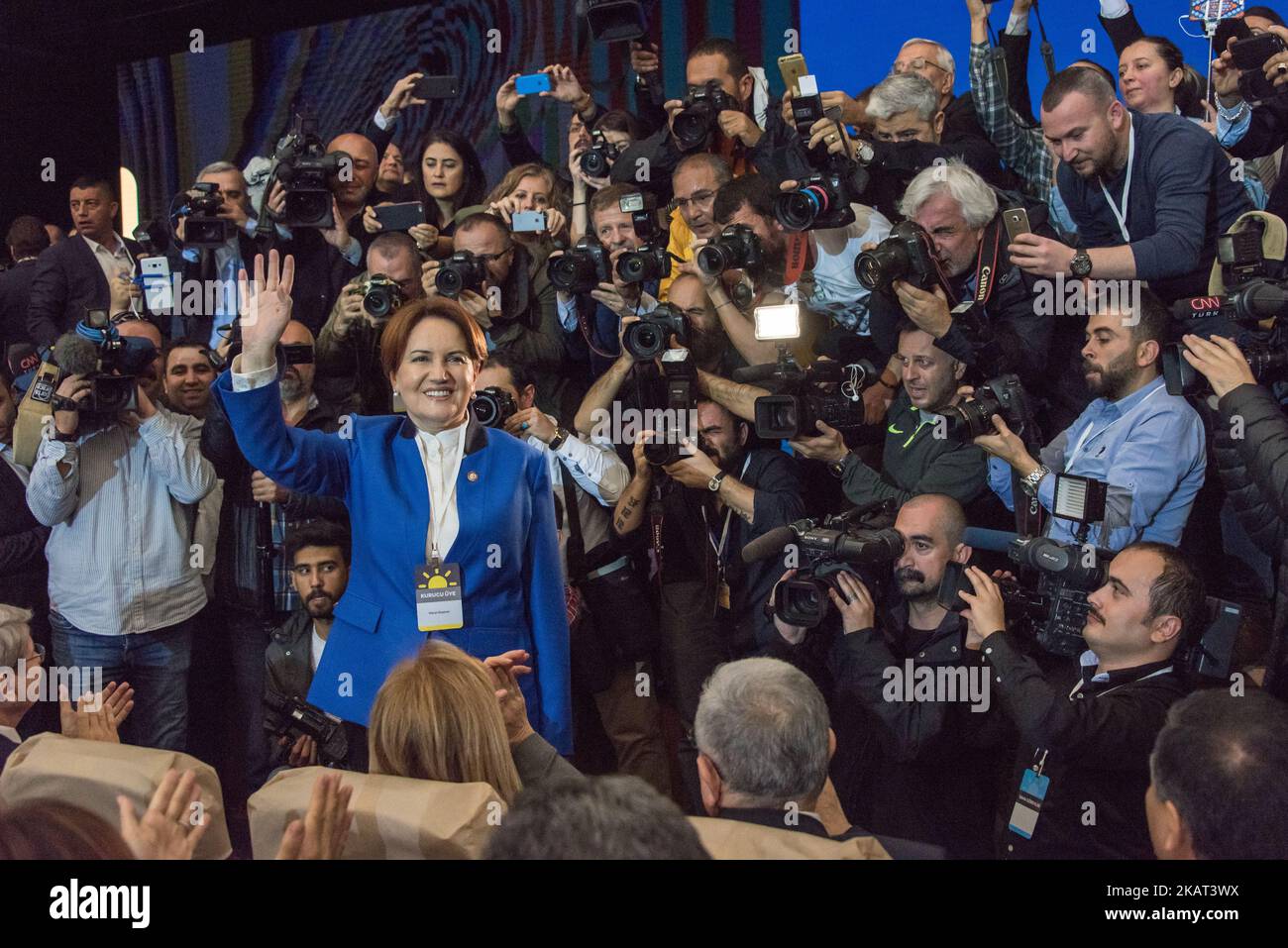 Meral Ak?ener, a former MHP deputy, stands in front of cameras on 25 ...