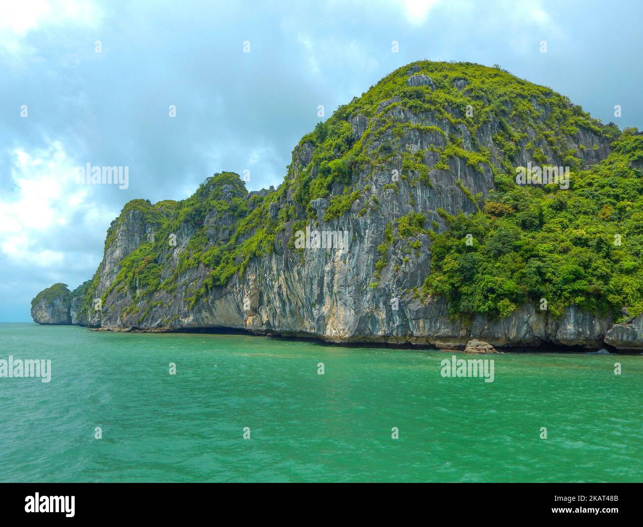 A beautiful big cliff covered in trees in the sea against a cloudy sky ...