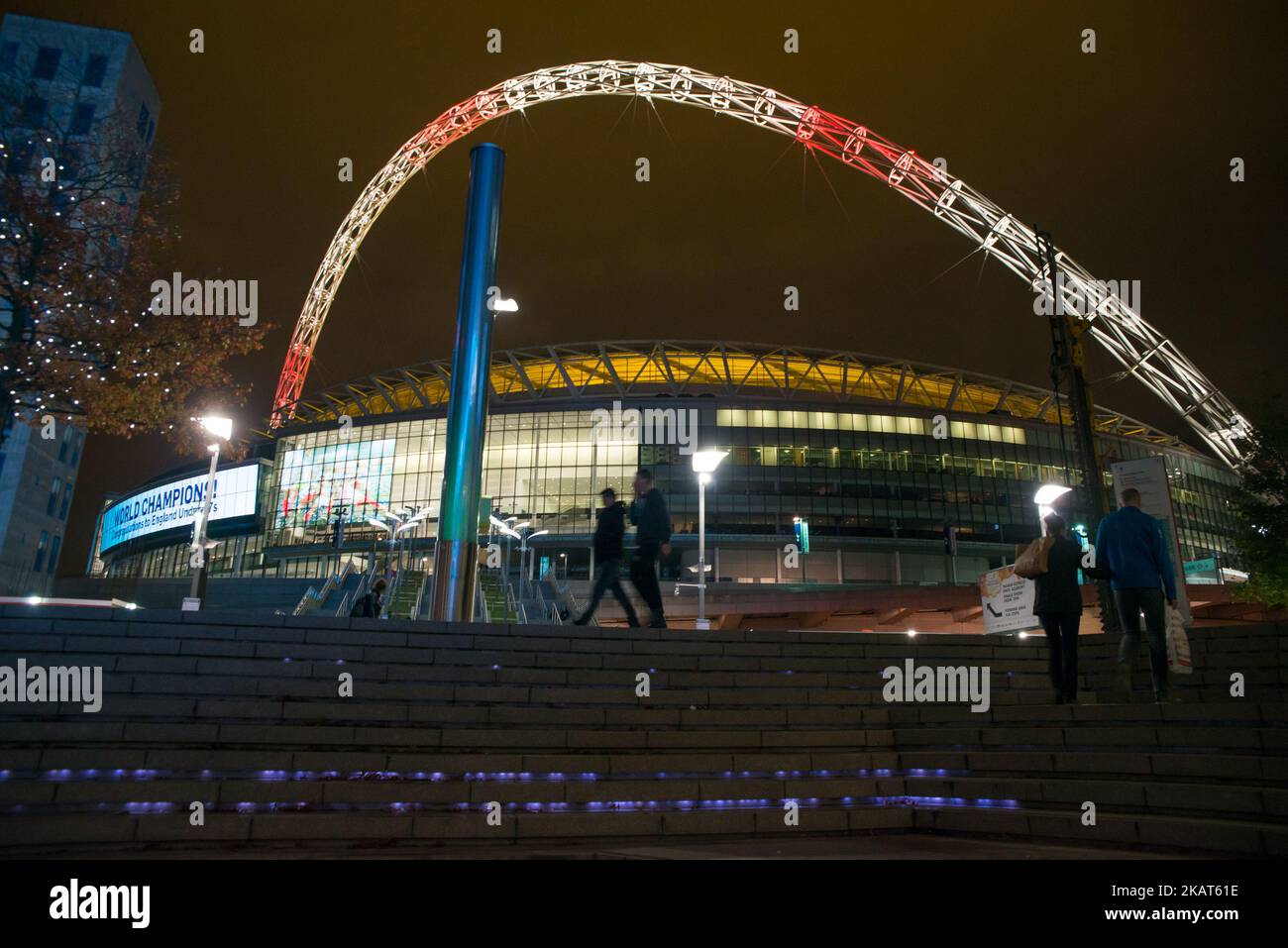 The iconic Wembley Stadium is pictured by night in London on October 28 ...