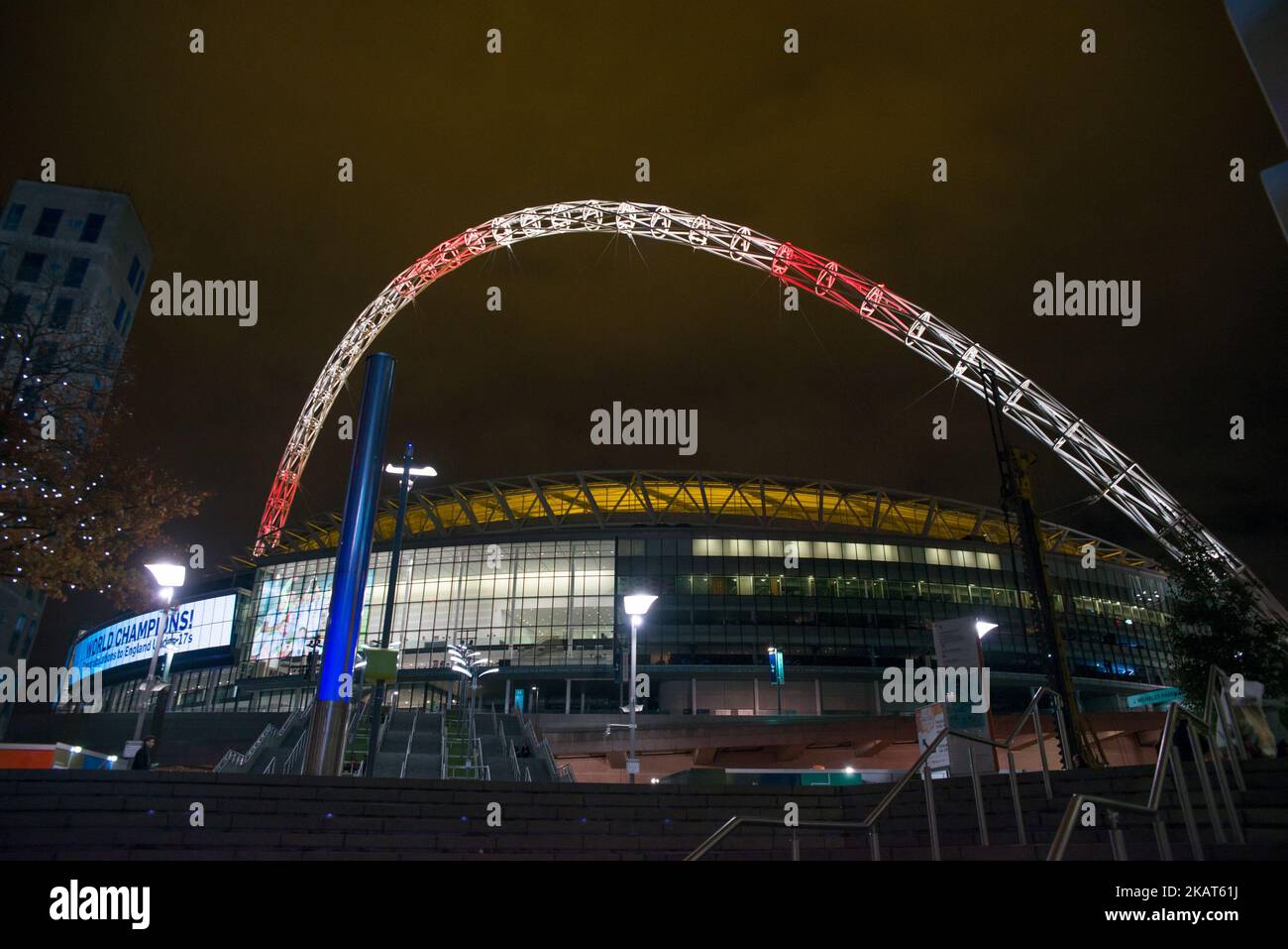The iconic Wembley Stadium is pictured by night in London on October 28 ...
