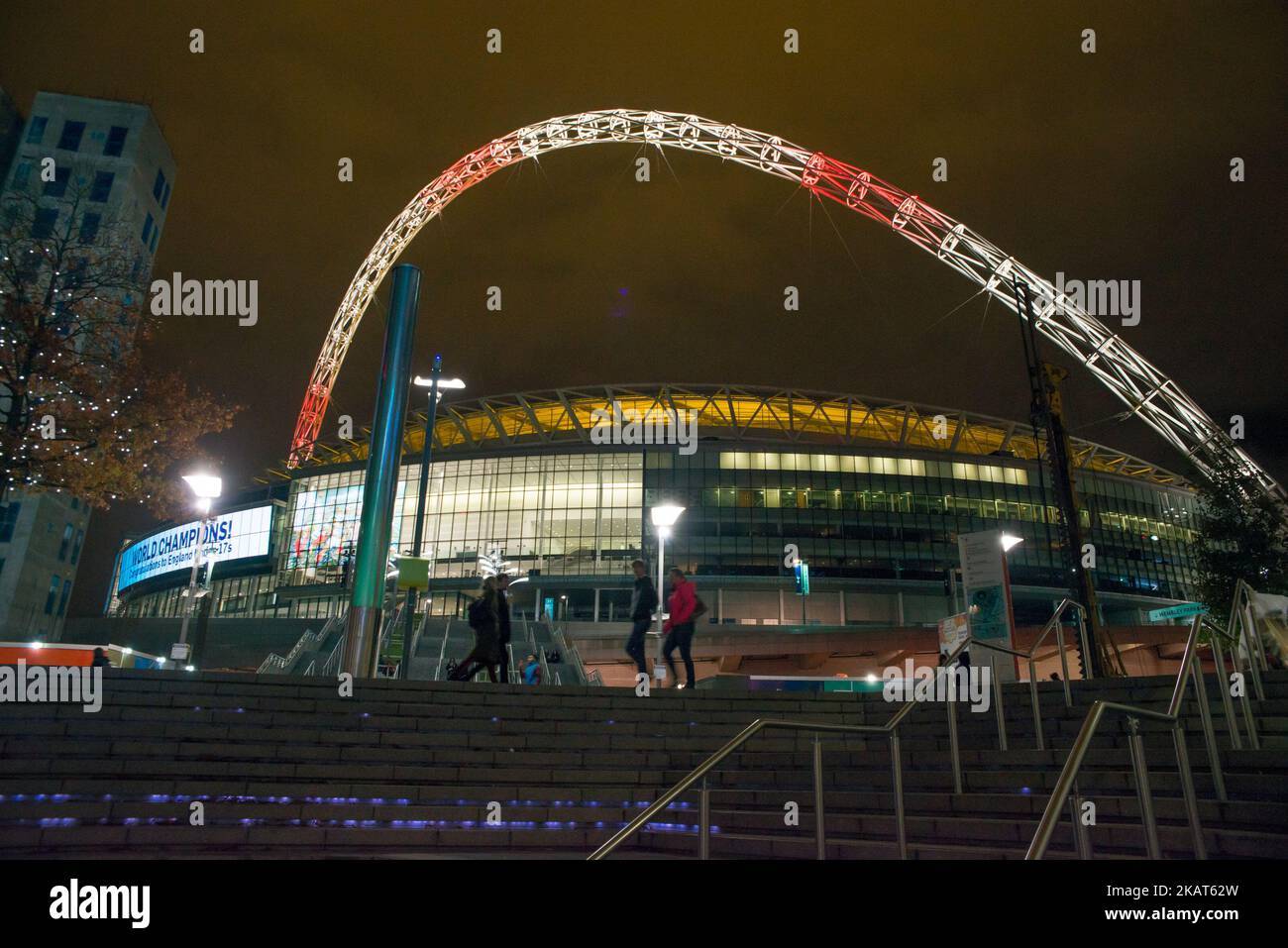 The iconic Wembley Stadium is pictured by night in London on October 28 ...