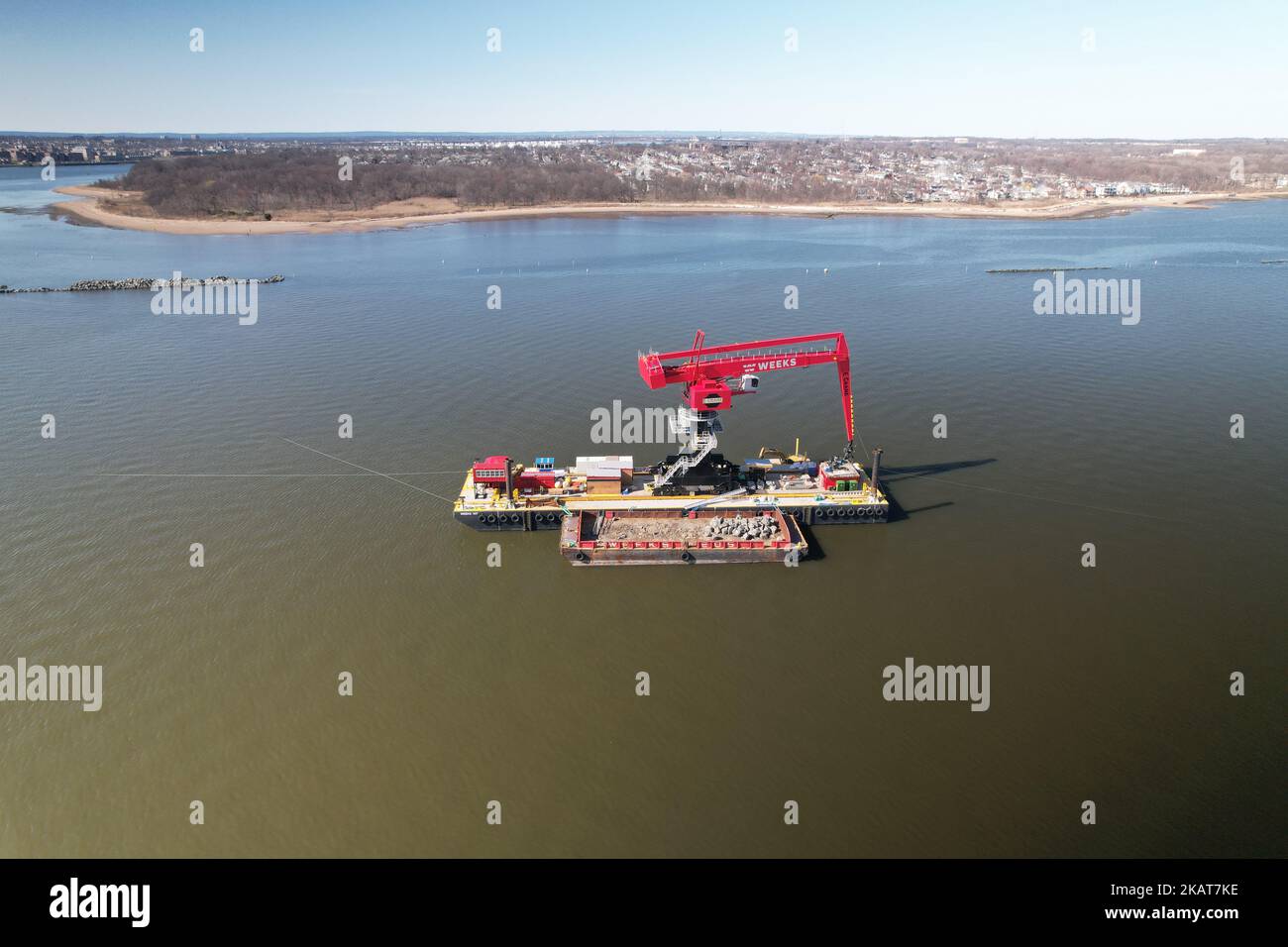 A construction ship for oil extraction in Raritan River, aerial Stock ...