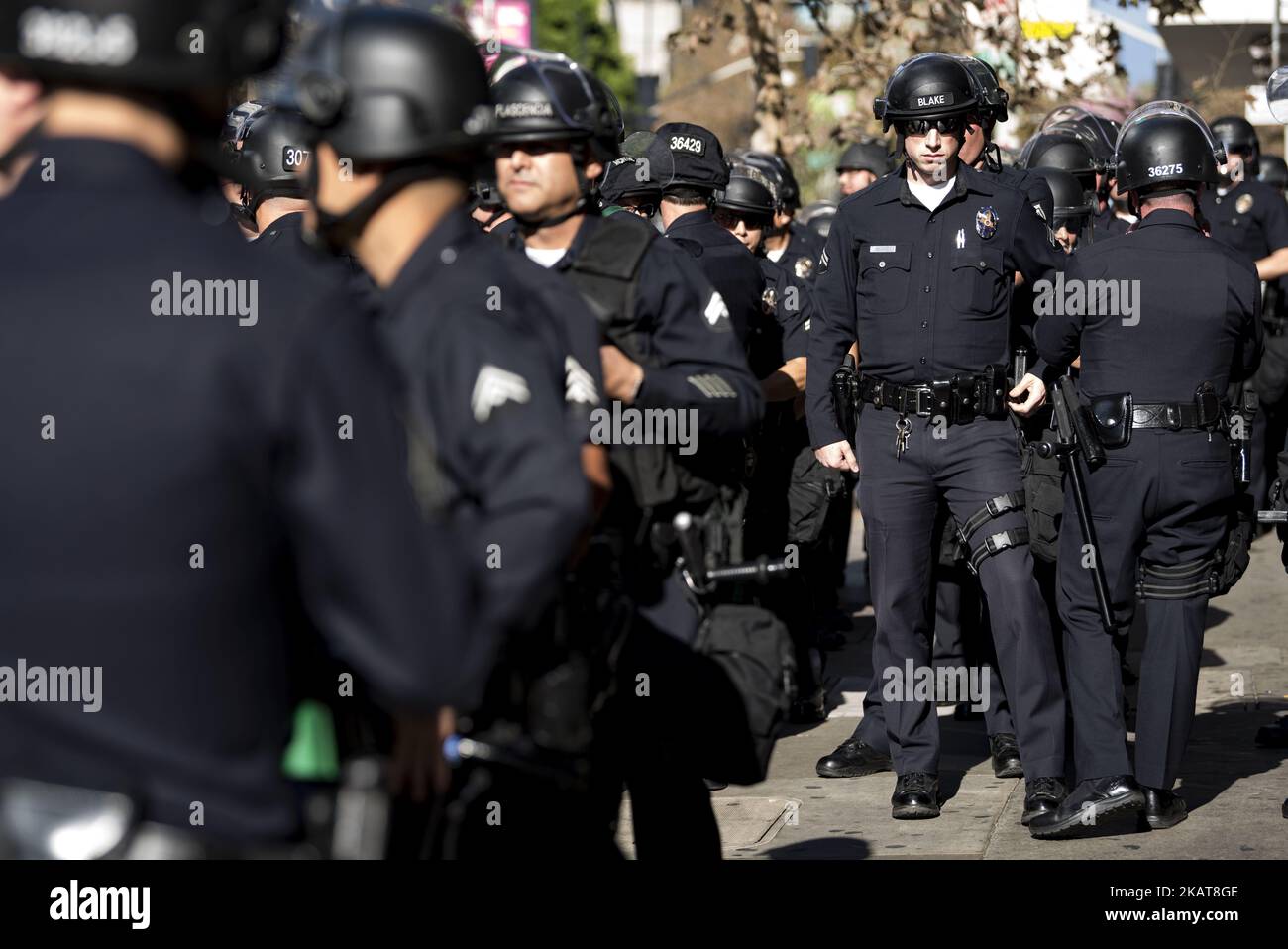 Los Angeles Police Department (LAPD) officers stand by during a protest ...