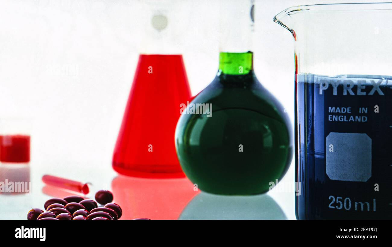 Abstract laboratory glassware in chemistry, pharmaceutical concept ...