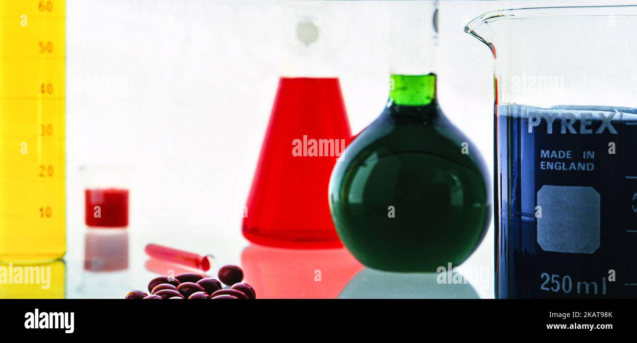 Abstract laboratory glassware in chemistry, pharmaceutical concept ...