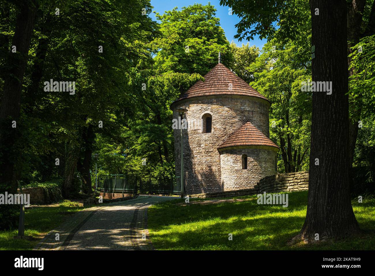 A medieval rotunda at Castle Hill with an alley and trees around in ...