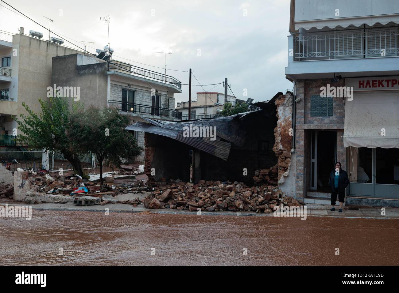 Flooded roads are seen in Mandra, Greece on November 15, 2017. Flash ...