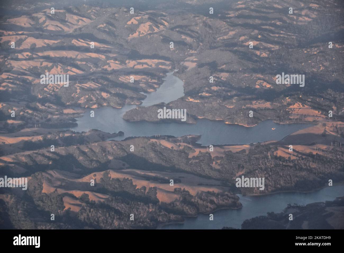 Lake Chabot and Upper San Leandro Reservoir Aerial view from airplane ...
