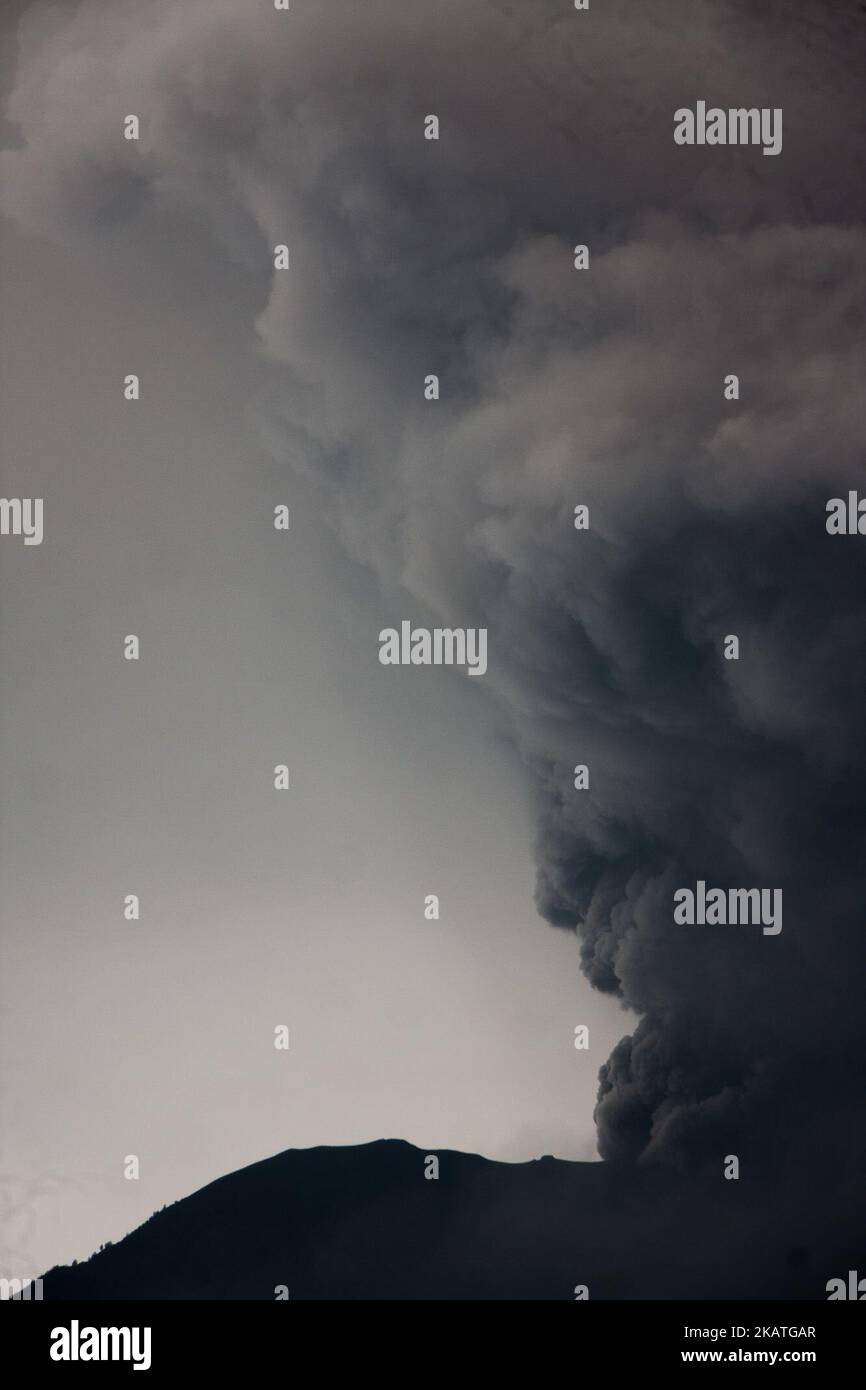 General view of Mount Agung during an eruption seen from Kubu sub ...