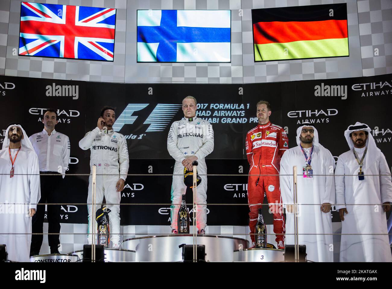 The winners 1st Valtteri Bottas, 2nd Lewis Hamilton and 3rd Sebastian ...