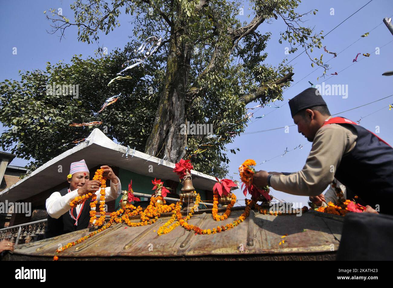 Nepalese devotees decorating the chariot of Goddess Indrayani during ...