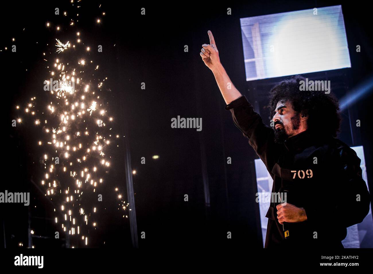 Michele Salvemini, better known as Caparezza performs live on stage ...